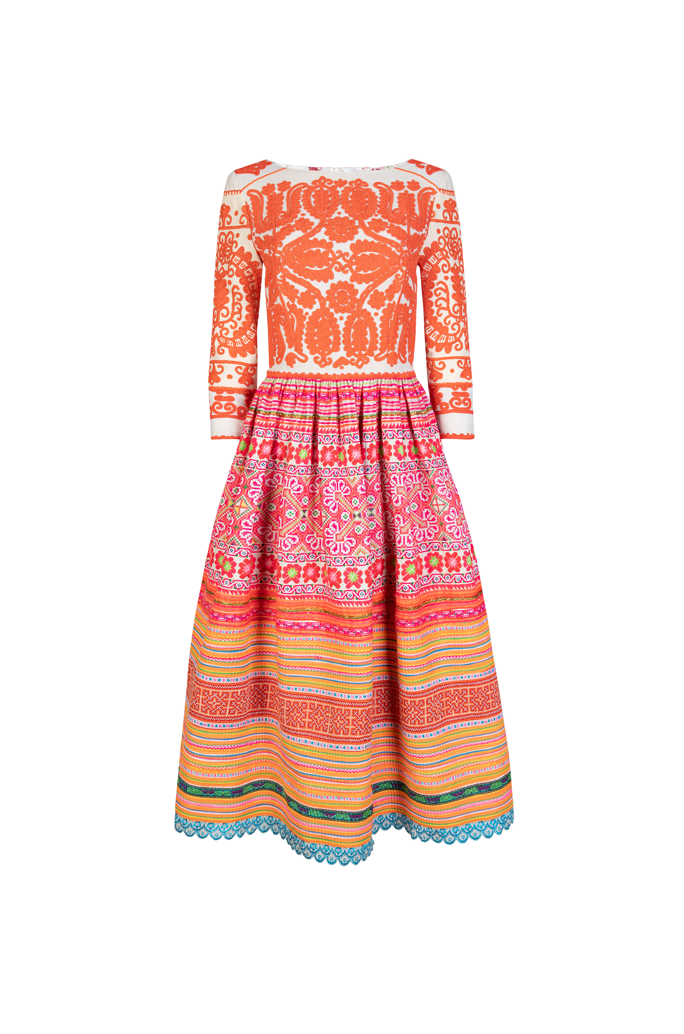 CORDELIA | Hand Embroidered Cotton Midi Dress With Boat Neck & Gathered Skirt